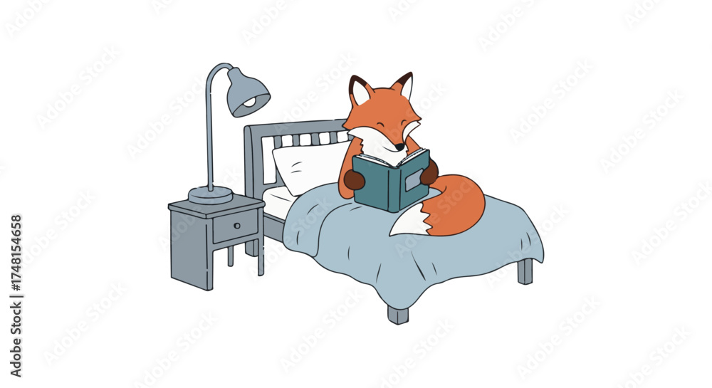 Cute Cartoon Fox Character Reading a Book in Bed, a Charming Mascot for ...