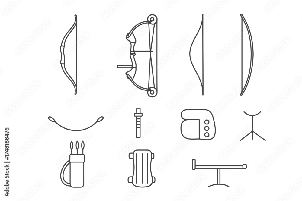 Archery Gear Icons. Line style icons of archery equipment: recurve bow ...