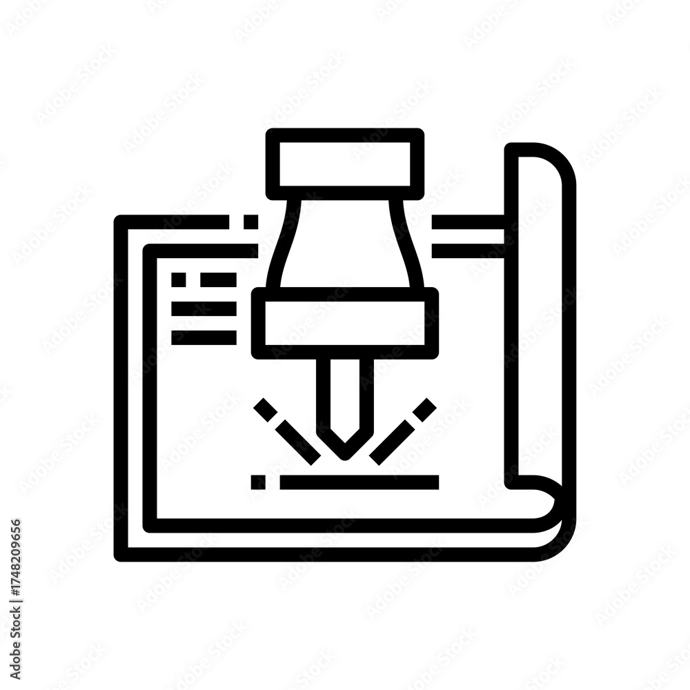 Blueprint pinned with a thumbtack on a transparent background ...