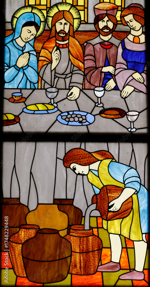 My Tho cathedral. Stained glass. The marriage feast at Cana was the ...