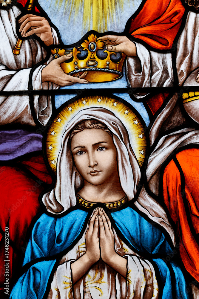 St Anthony of Padua Church. Stained glass. The Coronation of the Virgin ...