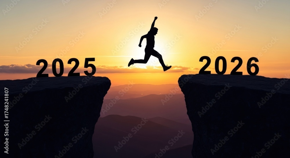 silhouette man jump from mountain from 2025 to 2026 years with the ...