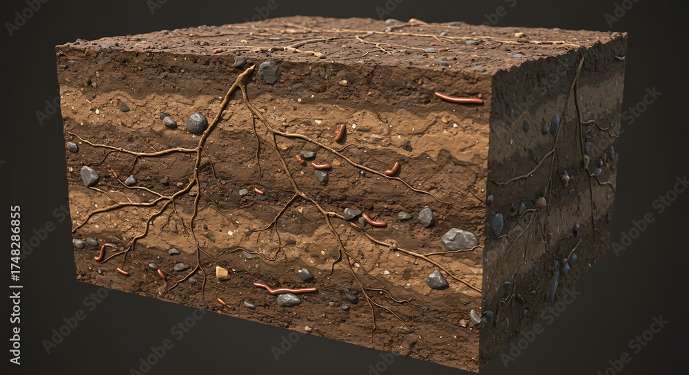 Cross-section view of soil layers showing roots and rocks, illustrating ...