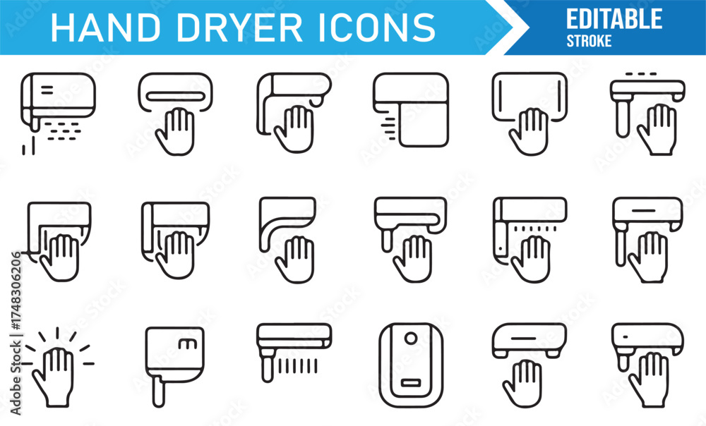 Minimal line hand dryer icons collection, air blower symbols for ...