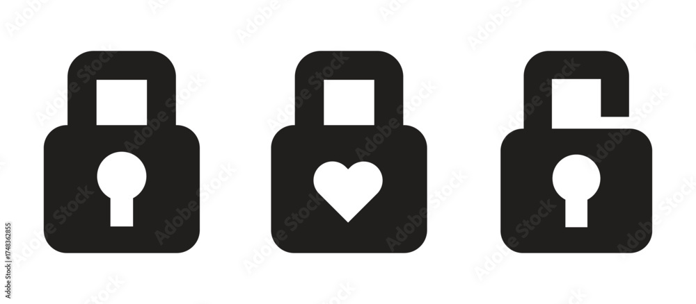Black Padlock Icon Set: Locked Keyhole, Secure Heart, and Unlocked ...