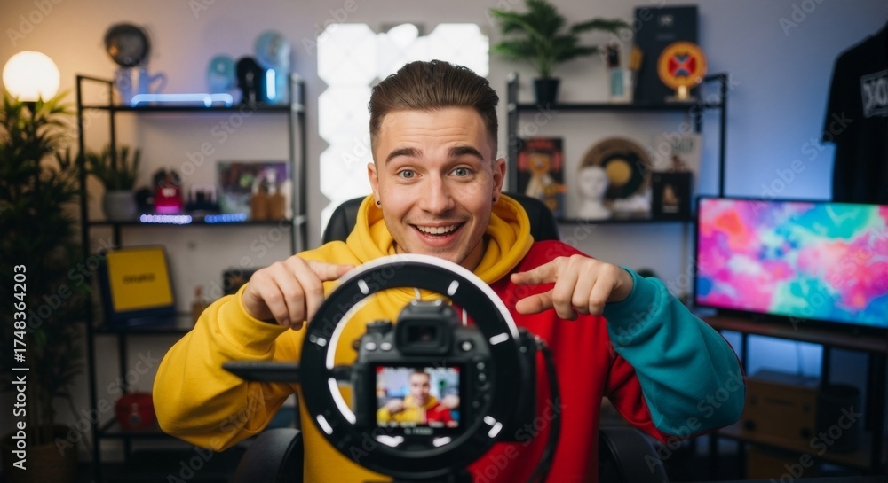 Happy male vlogger recording a video with a camera and ring light ...