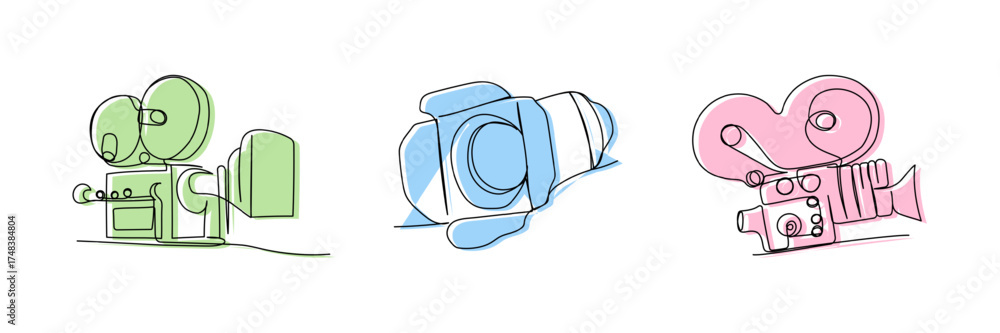 Set of three one line color film objects. Retro cameras with reels ...