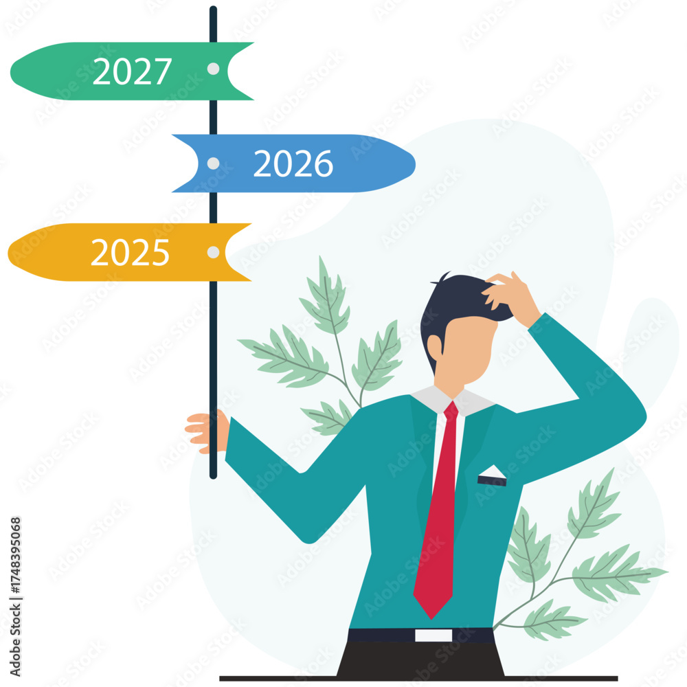 Confused businessman facing future challenges with 2025, 2026, and 2027 ...