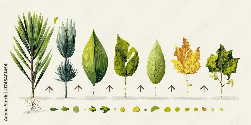 Illustration showing various leaf types and growth stages, depicting a ...