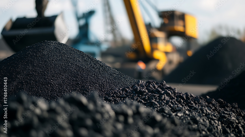 Excavator works with piles of dark material, perhaps coal or gravel, in ...