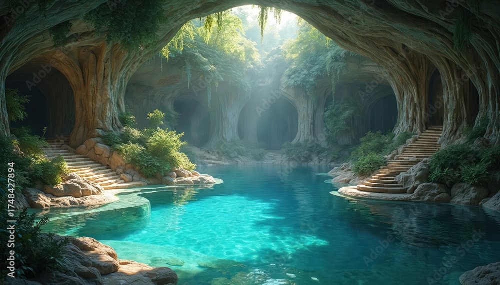 Стокова ілюстрація Underground cave pool with clear blue water and ...