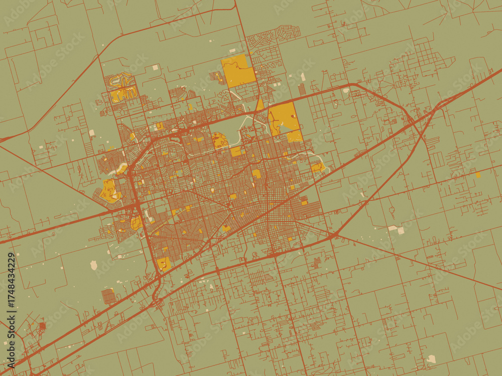 Graphic flat color map of Midland, Texas in muted sage base, rust ...