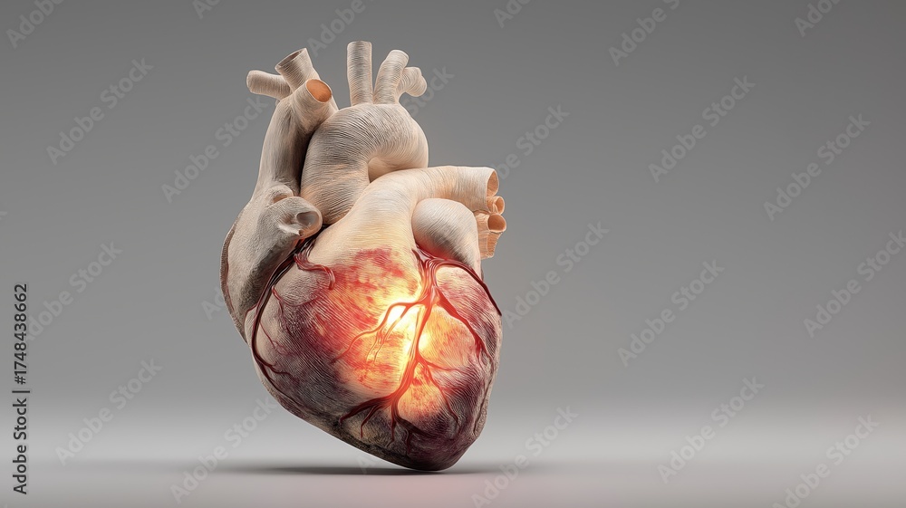 Human heart with glowing red blood vessels and arteries on neutral gray ...