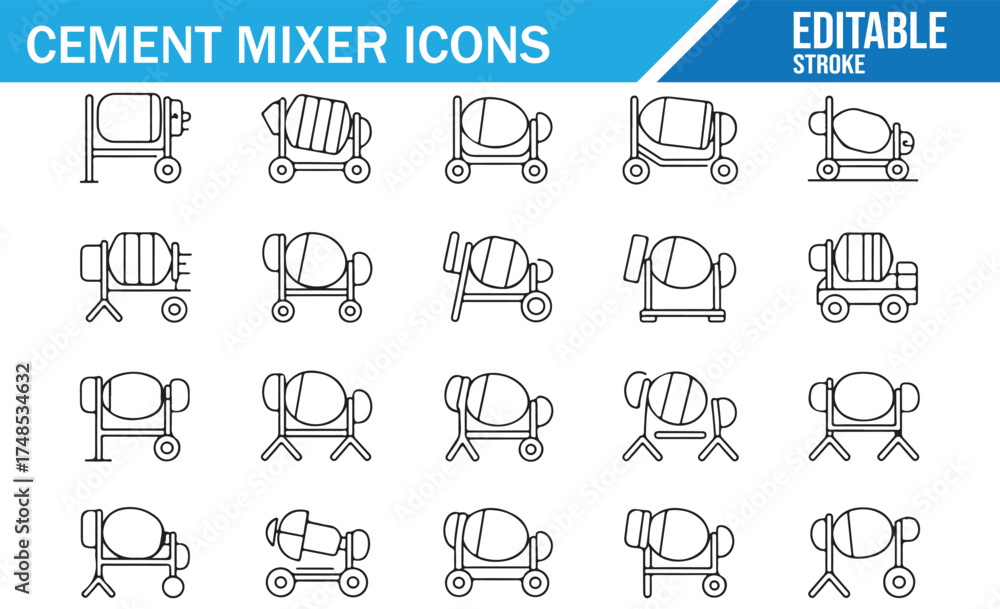 Cement Mixer Icons: Set of editable line icons depicting different ...