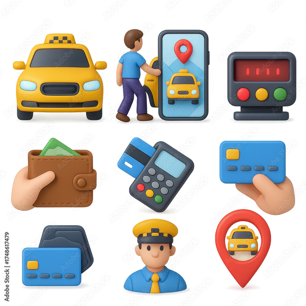 3D Taxi Icon Set. Taxi ride set of icons in 3D color style: taxi front ...