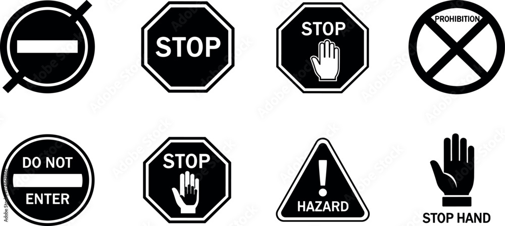 Collection of stop signs, road signs and hazard symbols in a flat ...