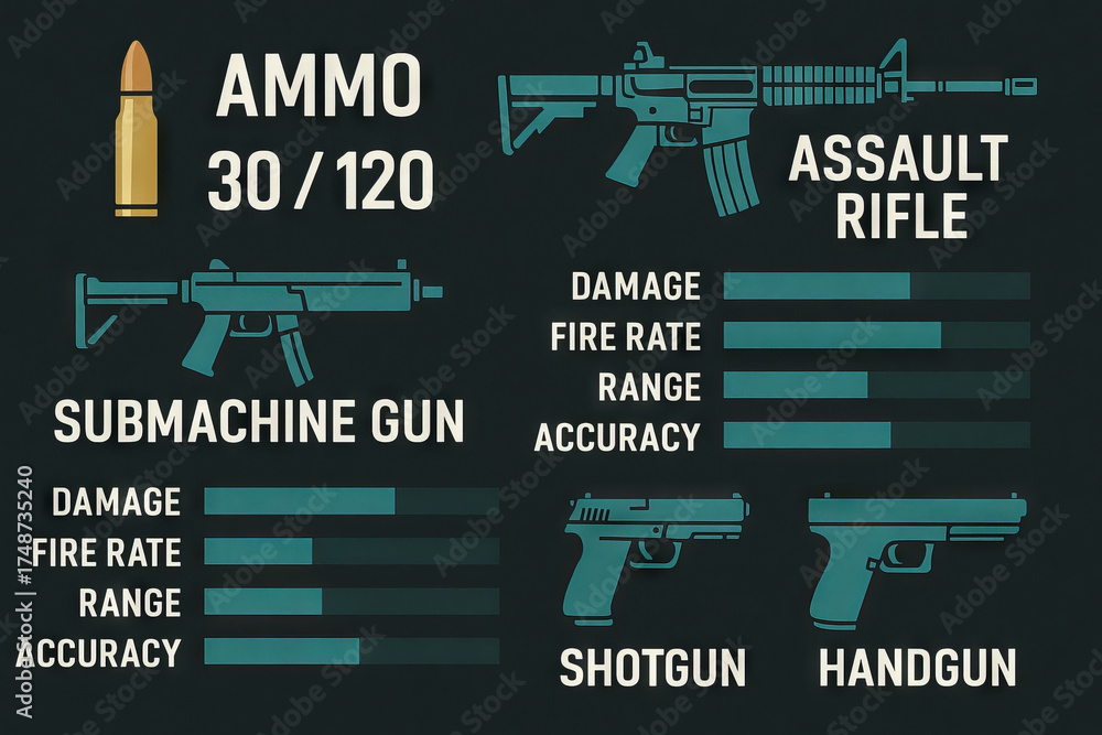 Illustrated game weapon stats featuring assault rifle, submachine gun ...