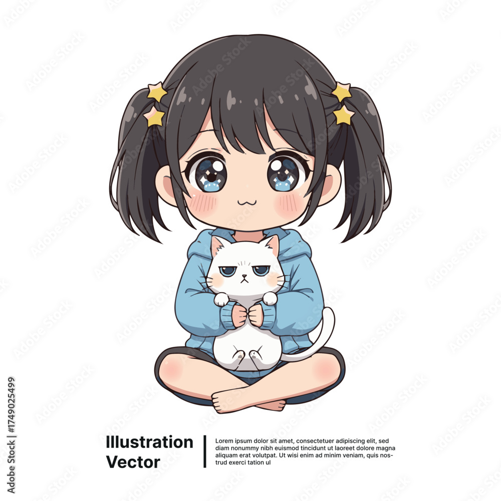 Image vectorielle Stock Adorable chibi anime girl in a blue hoodie ...