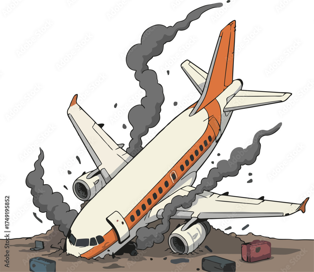 Cartoon Airplane Crash Vector Illustration with Smoke, Debris, and ...
