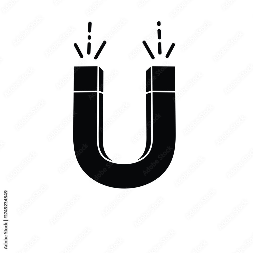 A black horseshoe magnet with its poles attracting invisible forces ...