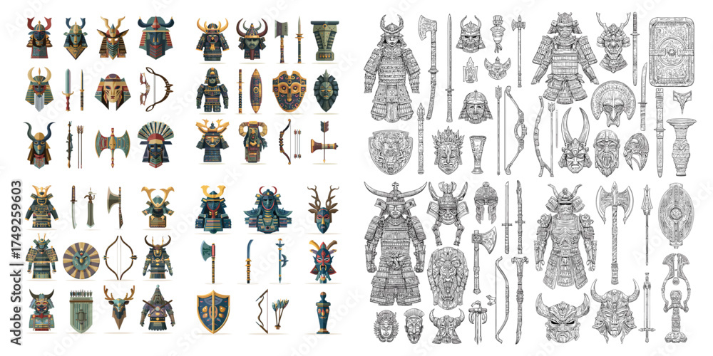 Detailed set of samurai armors, helmets, and traditional Japanese ...