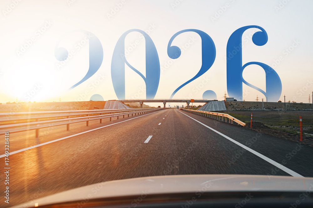 Highway view with a distant bridge and the year 2026 displayed at ...