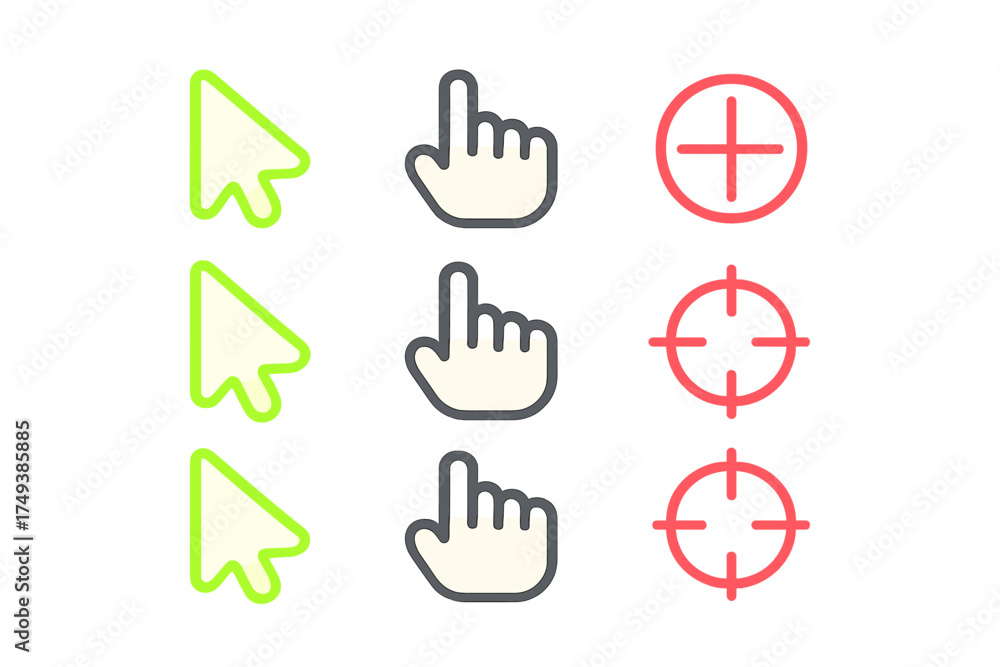 Computer mouse cursors, hand pointers, and crosshair target icons for user interface design ...