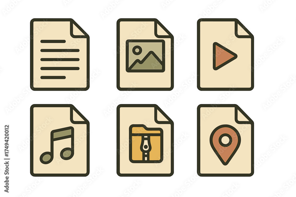 Six different document file type icons displayed on sheets Stock Vector ...