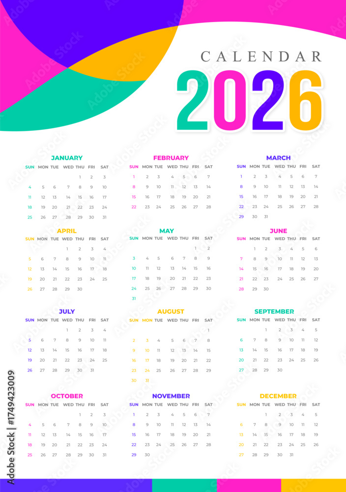 Vetor do Stock colorful Calendar 2026, 2026 calendar week start on ...
