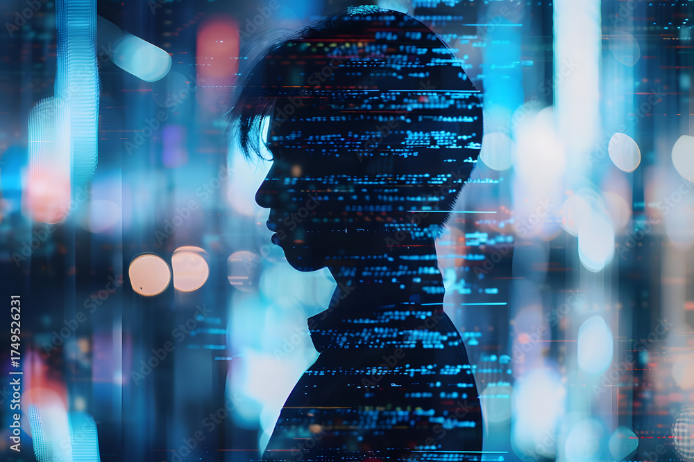 Human silhouette fragmented into layered biometric codes and pixelated ...
