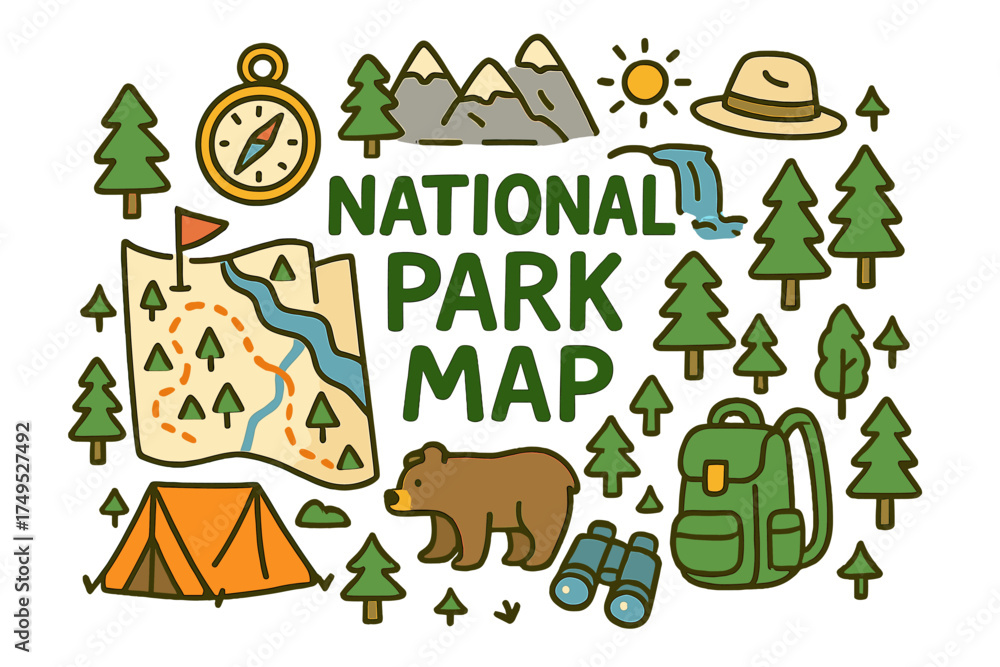 National Park Map Illustration. National park map. Hand-drawn doodle ...
