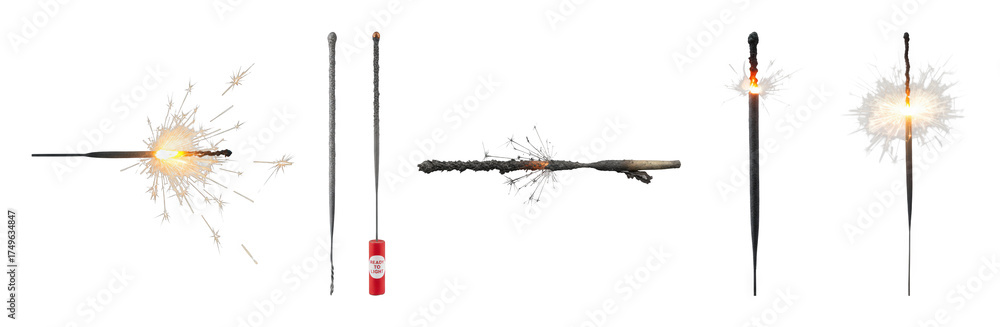 Sparkler set including unlit, lighting, burning, and burnt ash stages ...