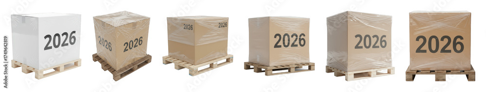 Shipping box set including cardboard and white boxes on pallets, shrink ...