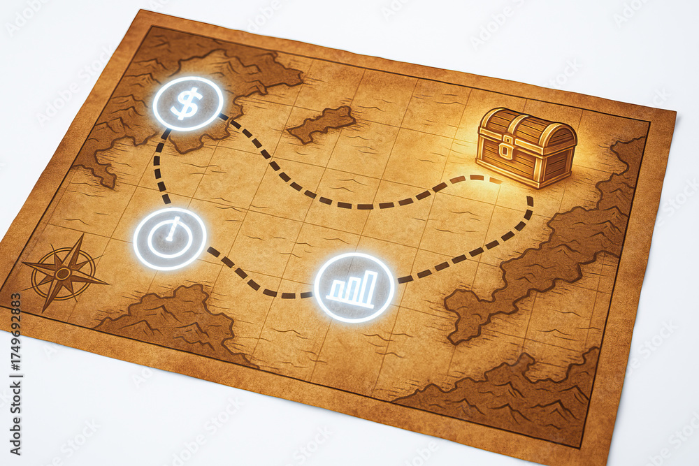Business treasure map concept showing icons like dollar sign, bar chart ...