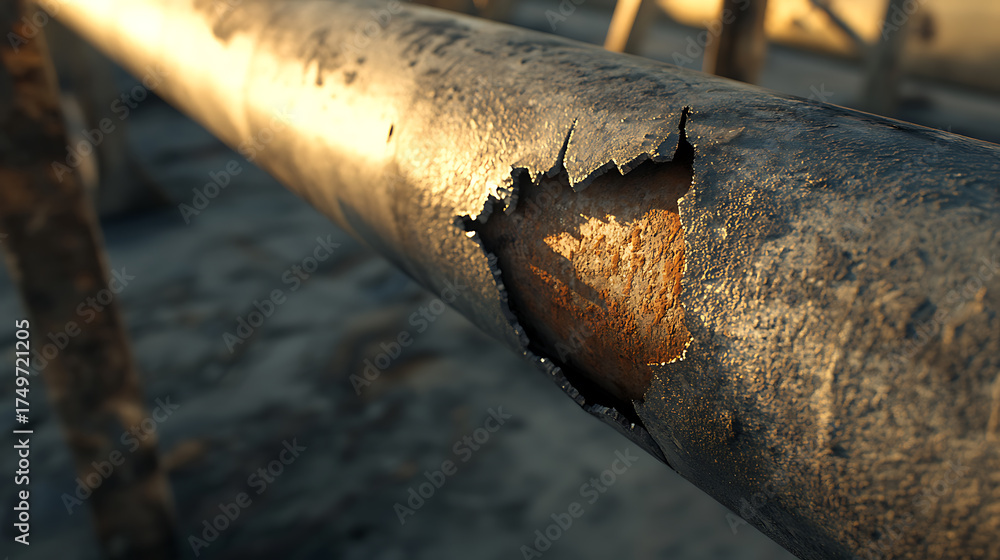 Damaged metal pipe section with corrosion. The rough texture of the ...