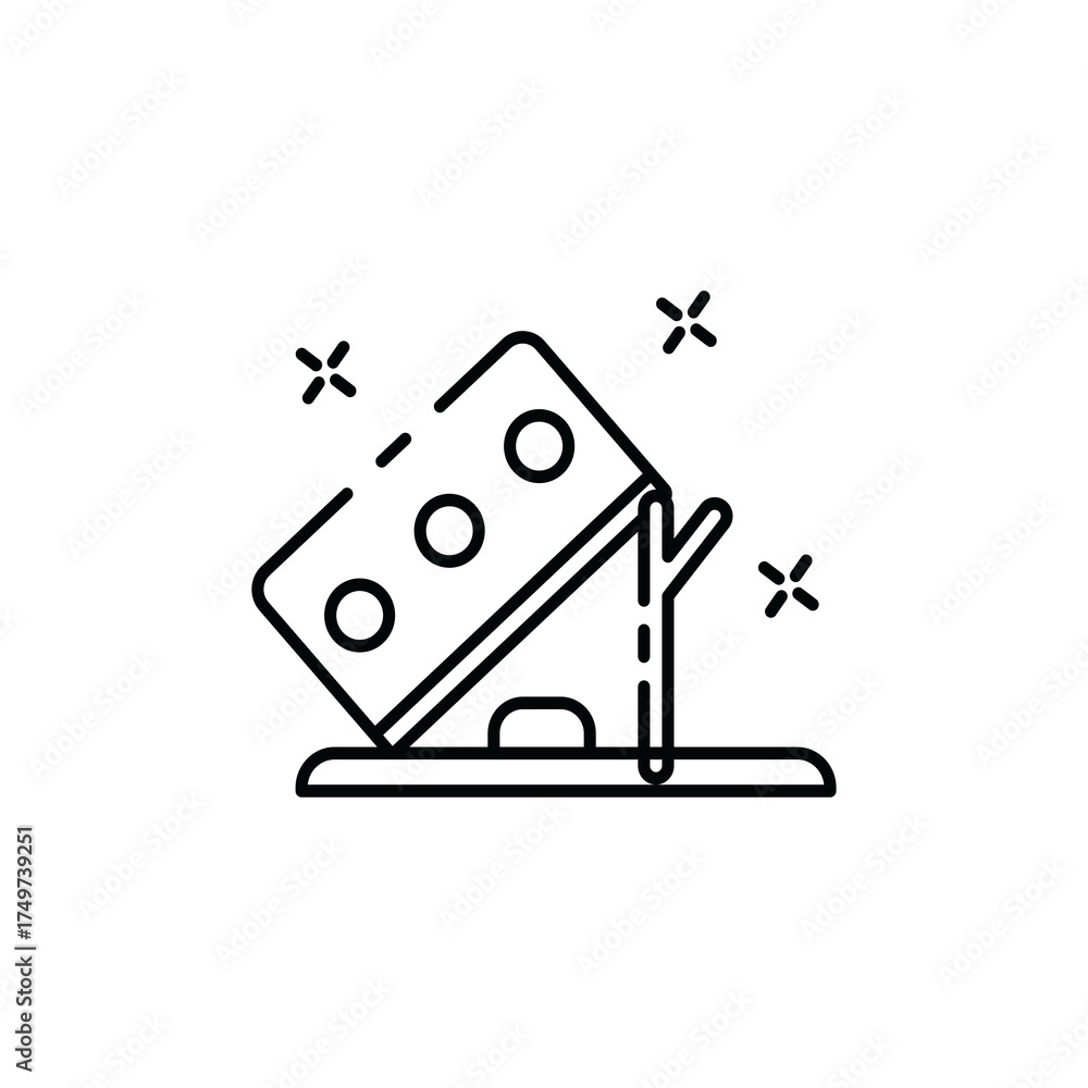 Minimalist black outline icon of a simple dice on a stand with ...