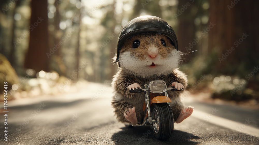 Cute Hamster Riding Tiny Motorcycle on Forest Road, Wearing Helmet ...