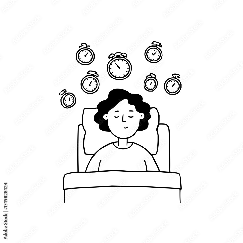 Person sleeping in bed with multiple clocks floating above them in a ...