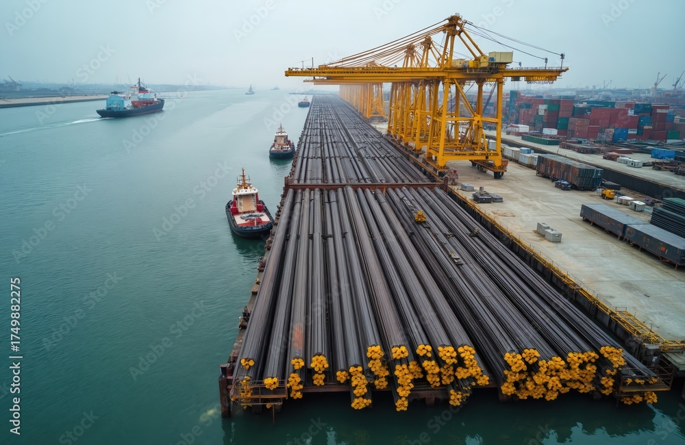 Large cargo ship with metal pipes in sea port. Industrial dock with ...
