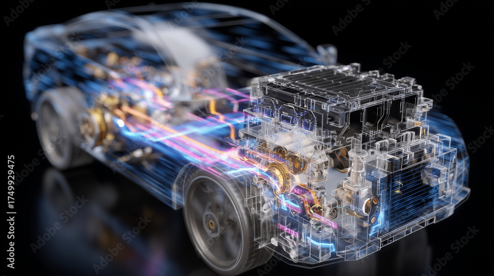 Futuristic 3D diagram of a carâ s cooling system, semi-transparent ...