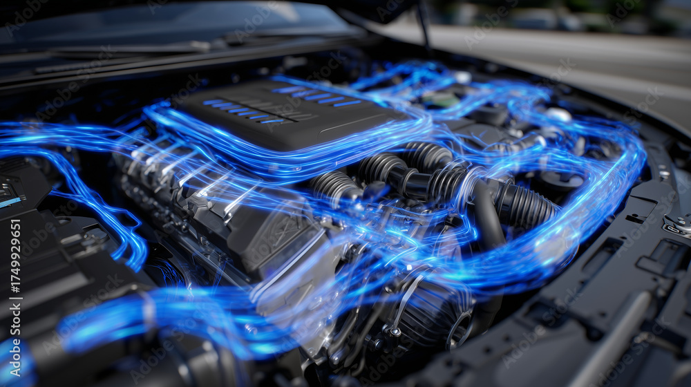 Foto de Stock Engine bay 3D visualization with highlighted cooling ...