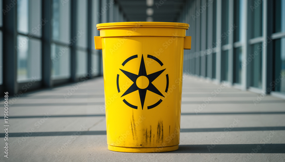 Yellow hazardous waste bin with warning symbol in modern corridor Stock ...