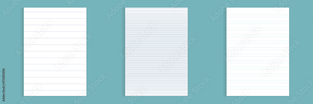 Grid paper set. Realistic blank lined paper sheet in A4 format. Striped ...