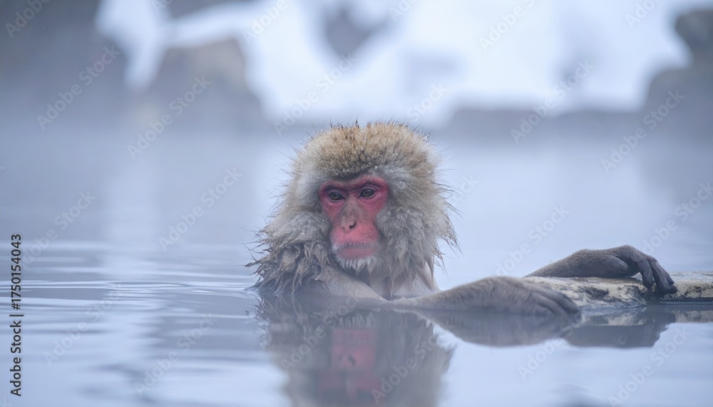 Japanese snow monkey (macaque) in hot spring with steam, winter ...
