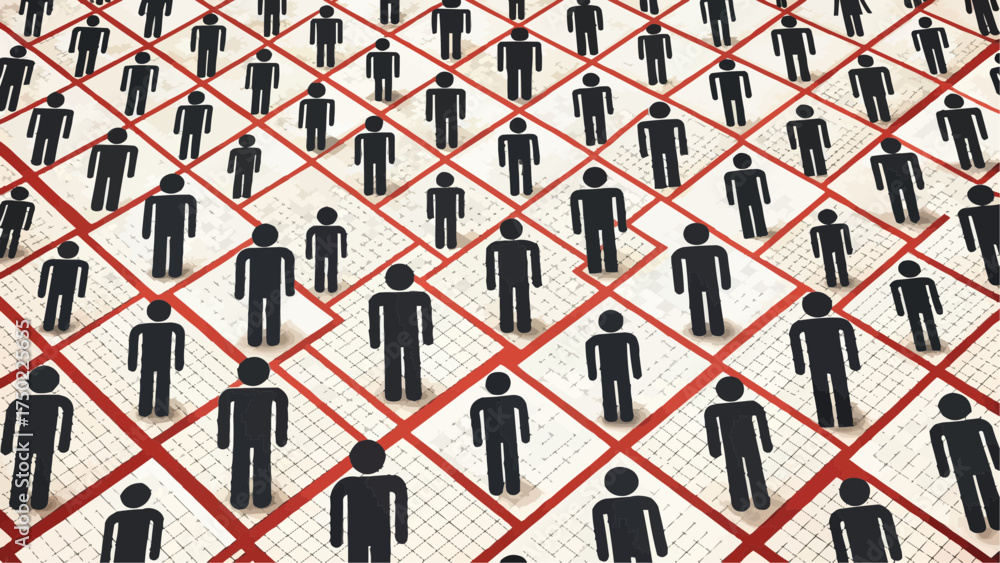 Many black stick figure icons arranged on a grid with red lines forming ...