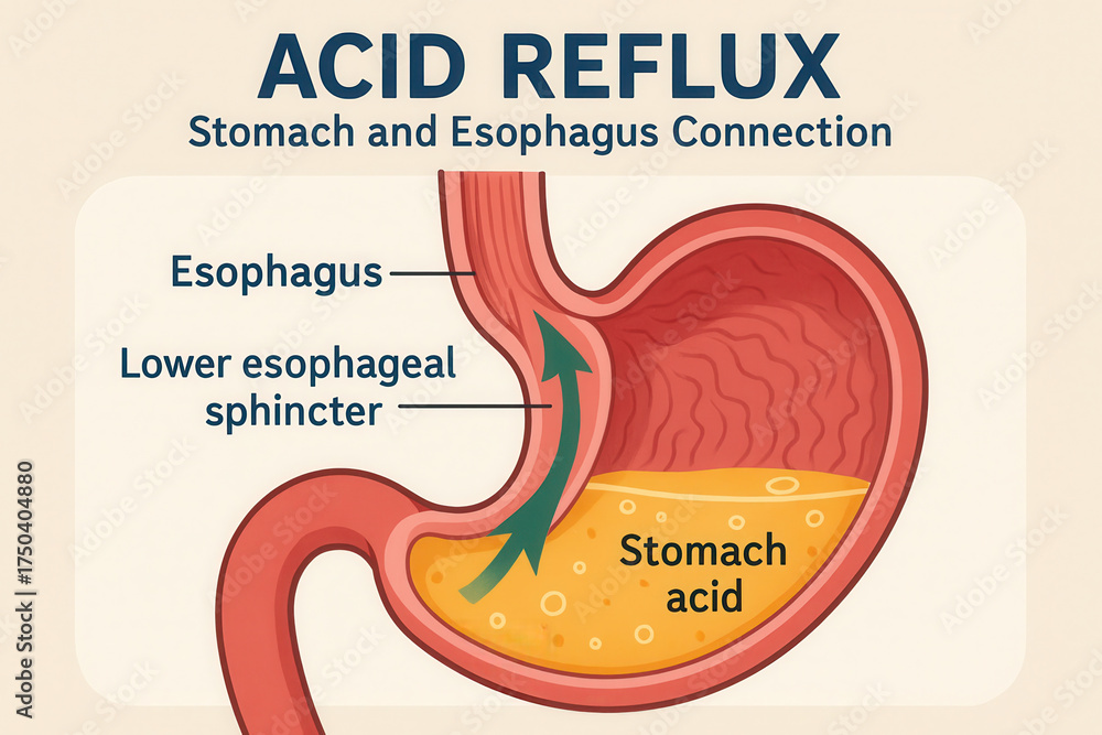 Ilustración de Stock Acid reflux occurs when stomach acid flows back ...