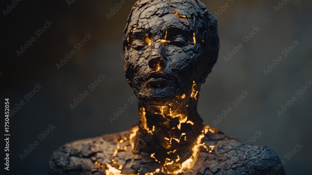 Dark, sculpted bust of a human head, cracked and textured like stone ...