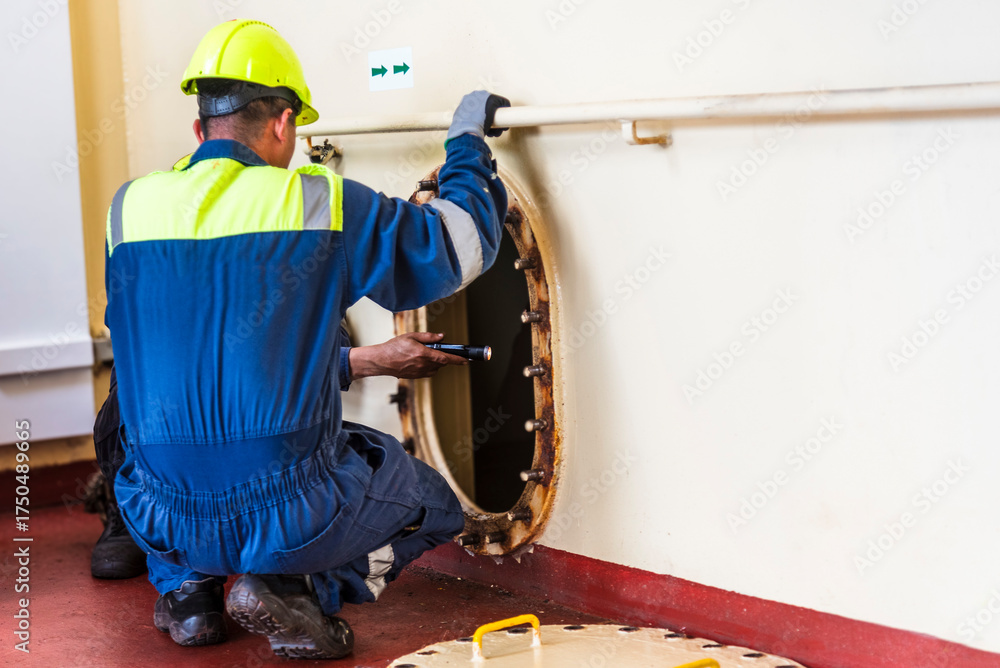 Crew member near a narrow hatch after providing first aid during a man ...