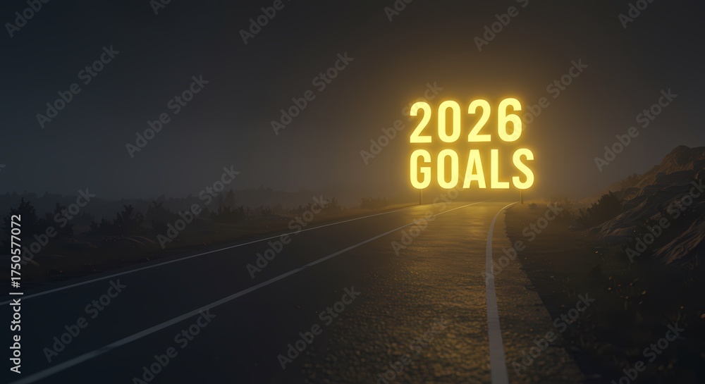 Roadmap to Success 2026, 2026 goals , 2026 Goals glowing sign in foggy ...