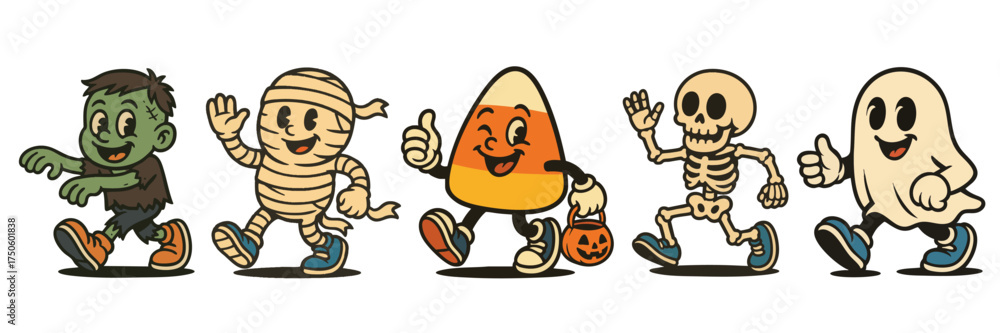 Vector de Stock Cute retro Halloween cartoon characters walking ...